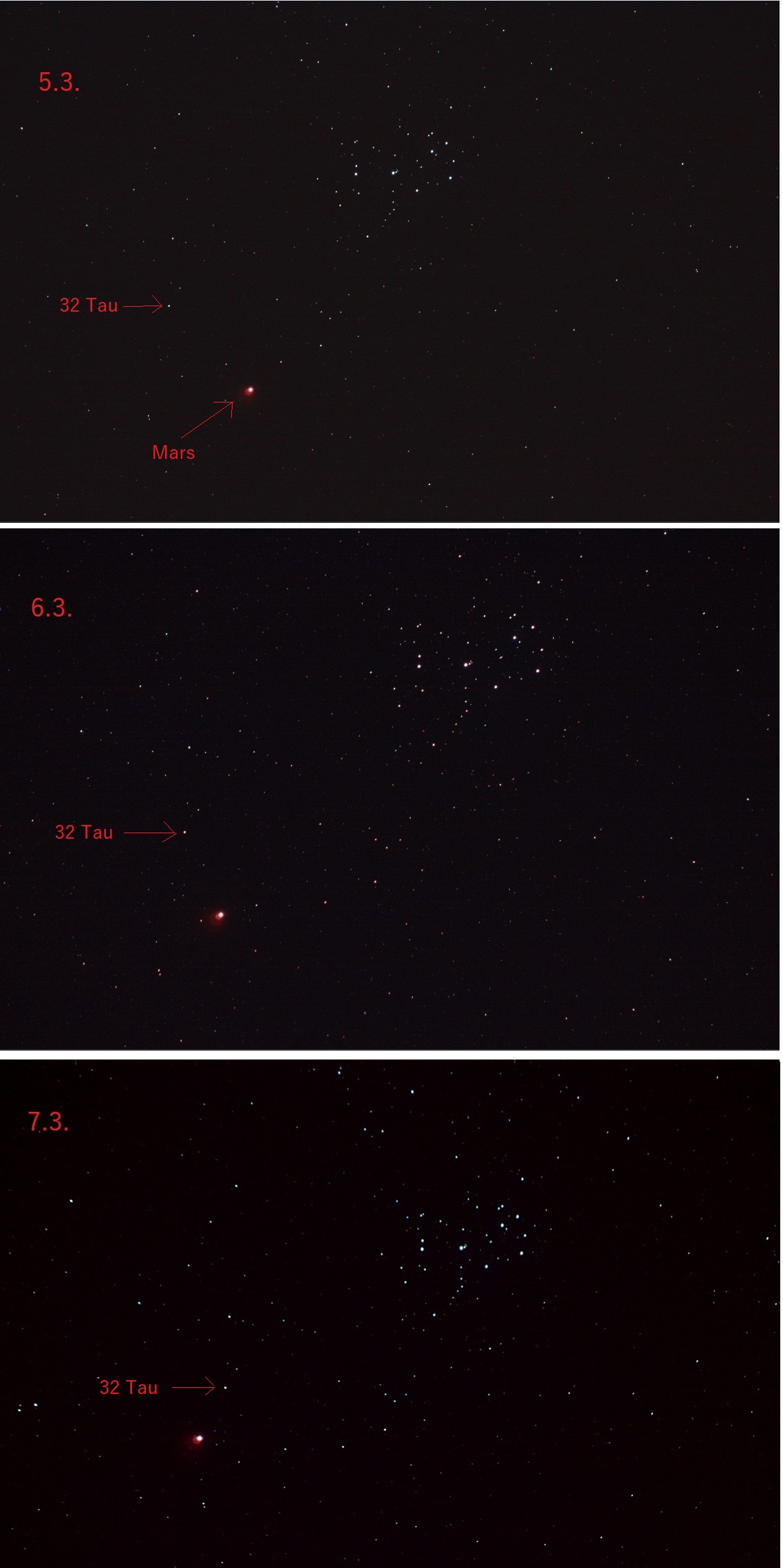 Mars bei Messier 45 am 5.,6. und 7. März 2021 - Spektrum der Wissenschaft